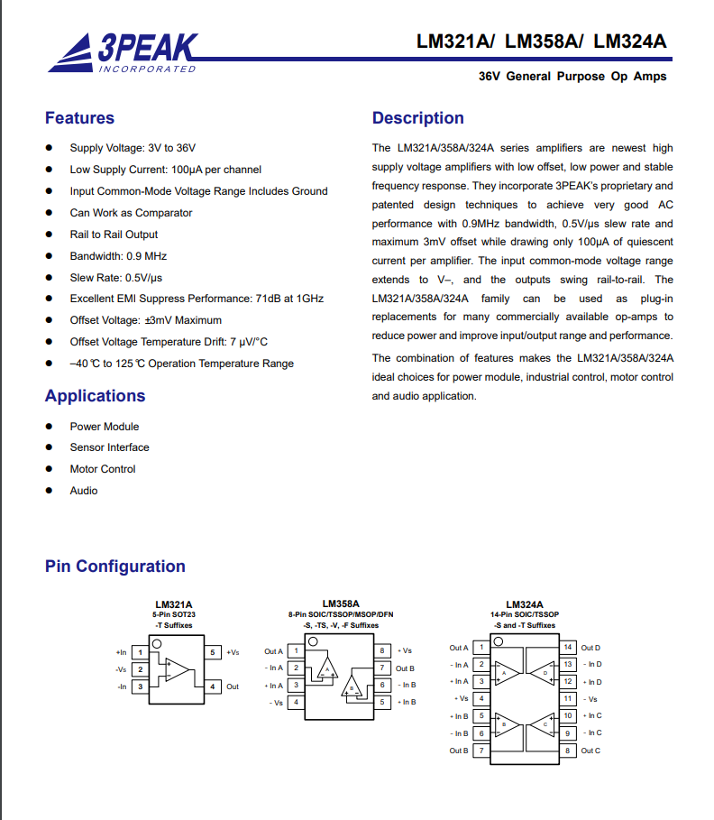 通用运放 高压运算放大器 3PEAK LM324A-TR_放大器_维库电子市场网