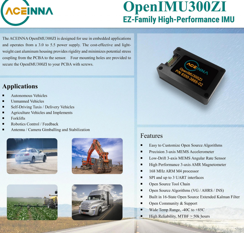 新纳（ACEINNA)自动驾驶系统6轴惯性测量单元 OpenIMU300ZI_惯性传感器_维库电子市场网